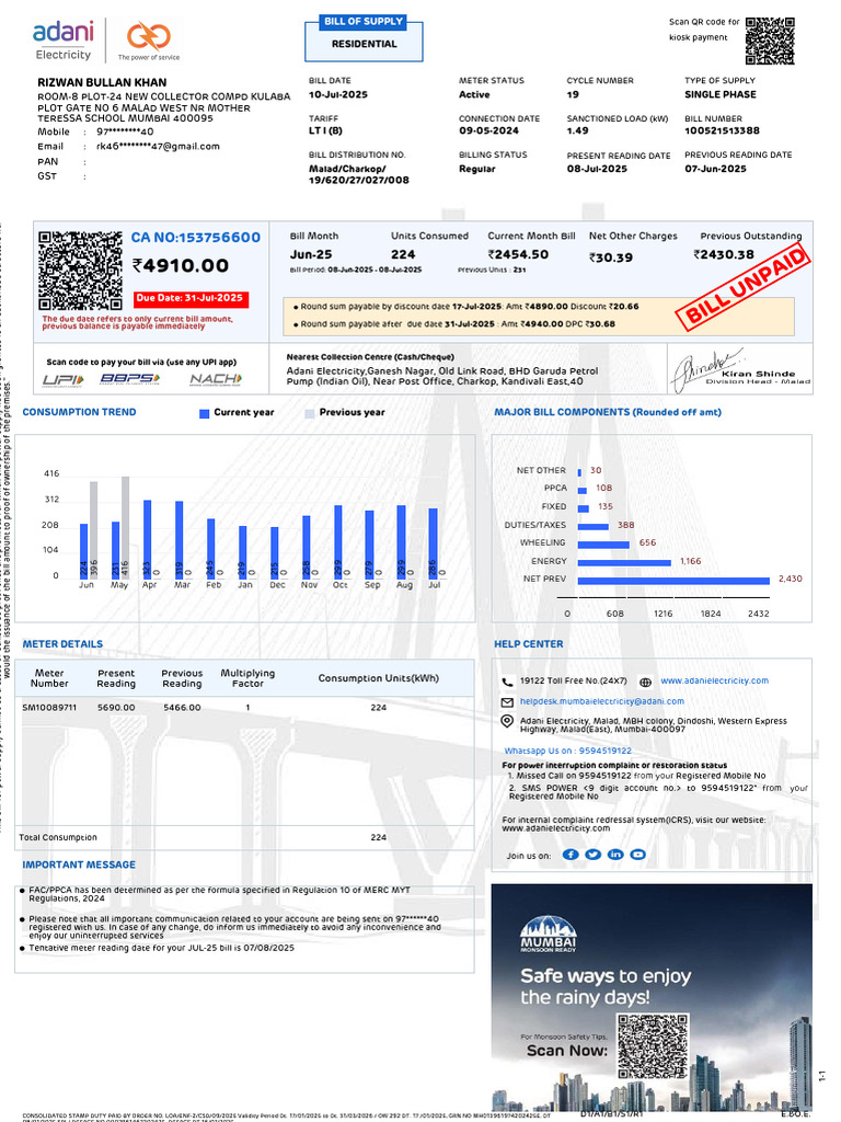 Adani Electricity Residential Bill Summary | PDF | Cheque | Payments