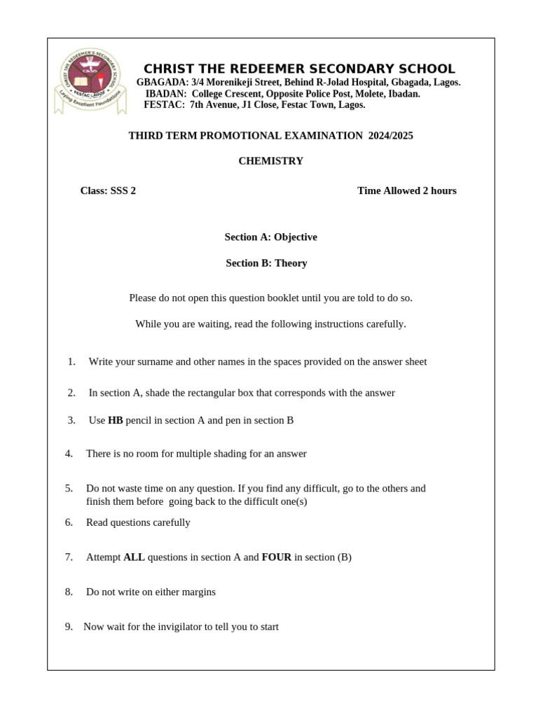 Sss2 Chemistry Third Term Exam | PDF | Chlorine | Acid