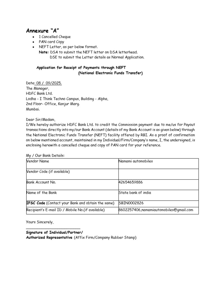 NEFT Payment Authorization Template | PDF