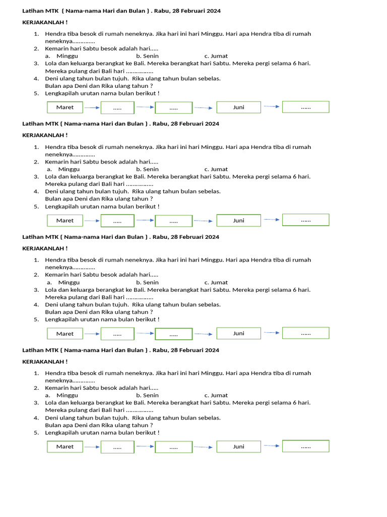 Latihan Matematika: Hari dan Bulan | PDF