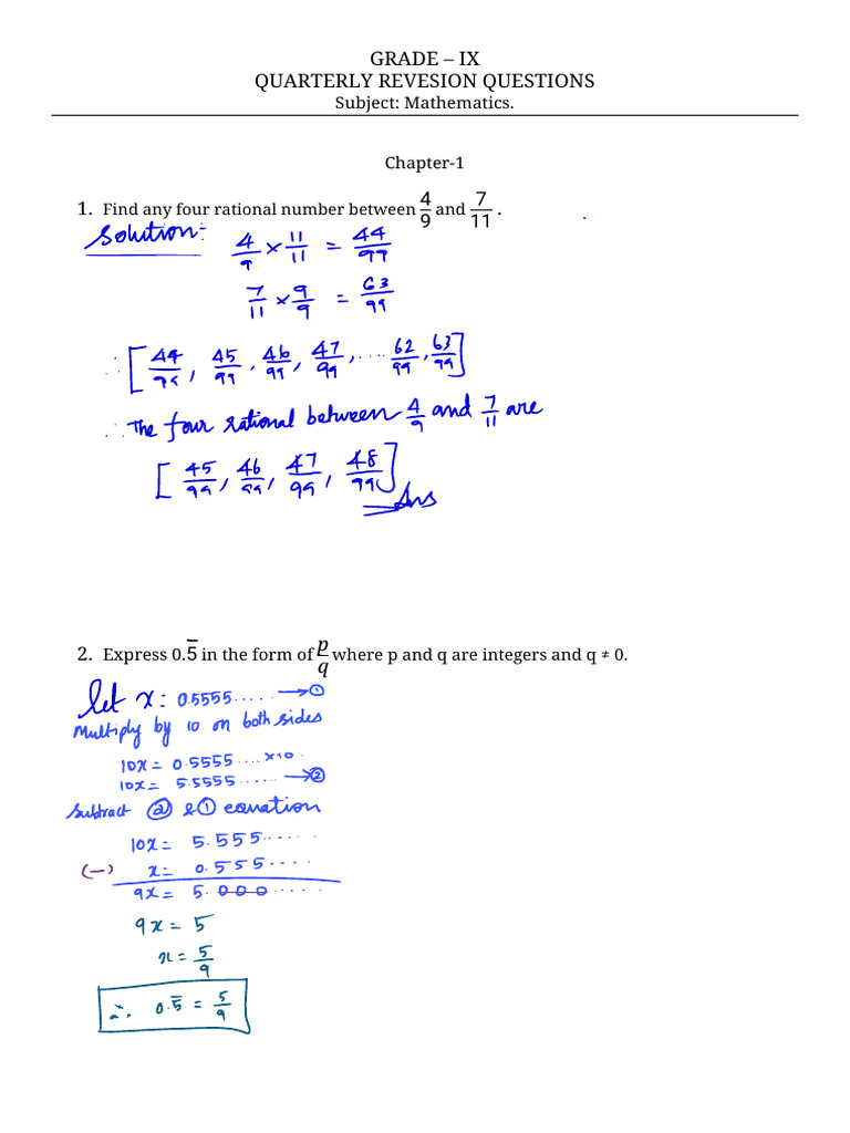 IX Math Quarterly Revision Questions | PDF | Number Theory | Mathematics