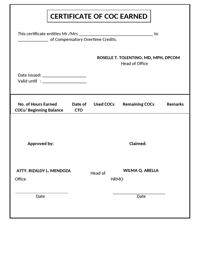 Certificate of COC Earned Blank | PDF