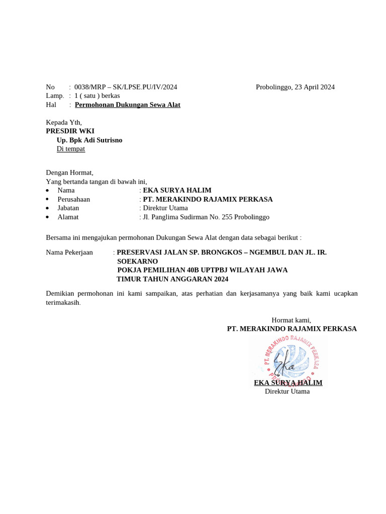 Permohonan Sewa Alat PT Merakindo | PDF