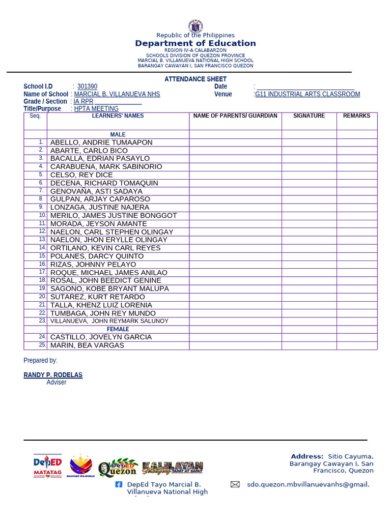 Attendance Sheet - Parents and Students Gen. Orientation June 20, 2025 ...