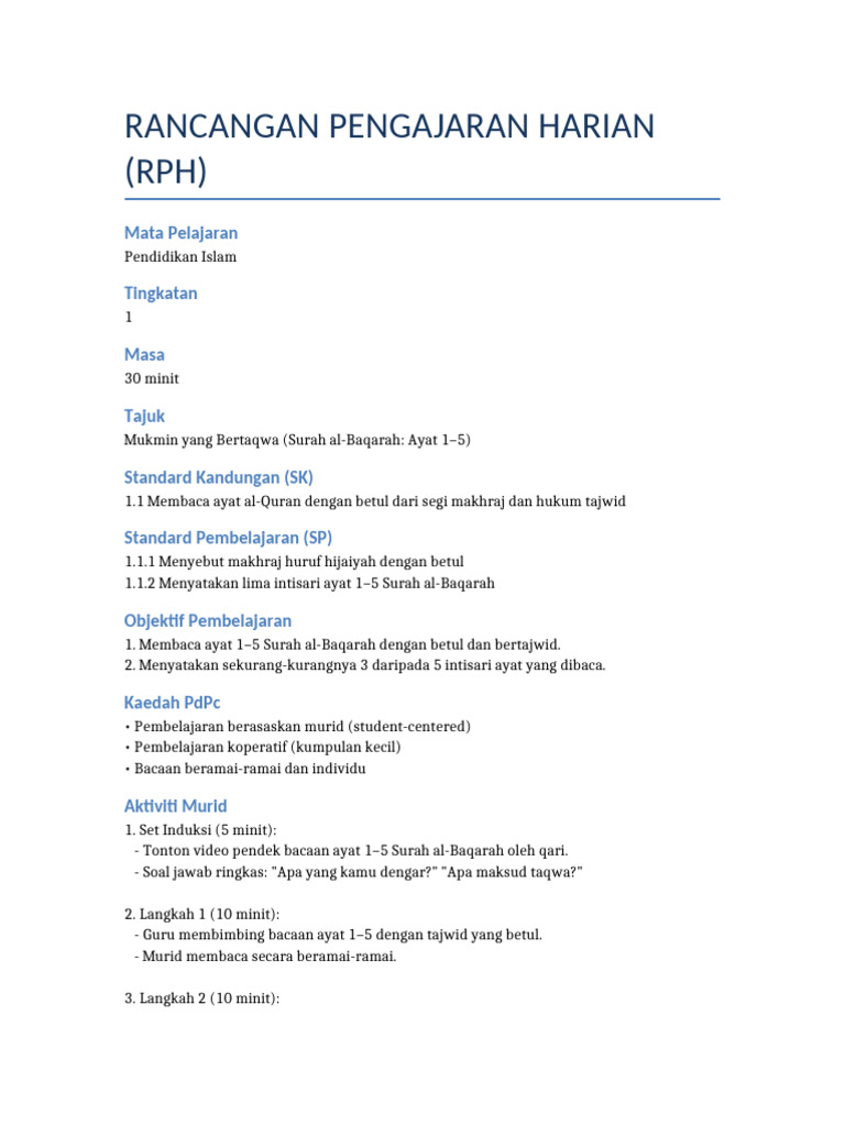 RPH Pendidikan Islam Tingkatan 1 | PDF