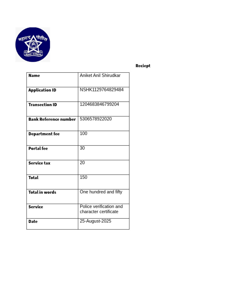 Police Verification Receipt - NSHK112976 | PDF