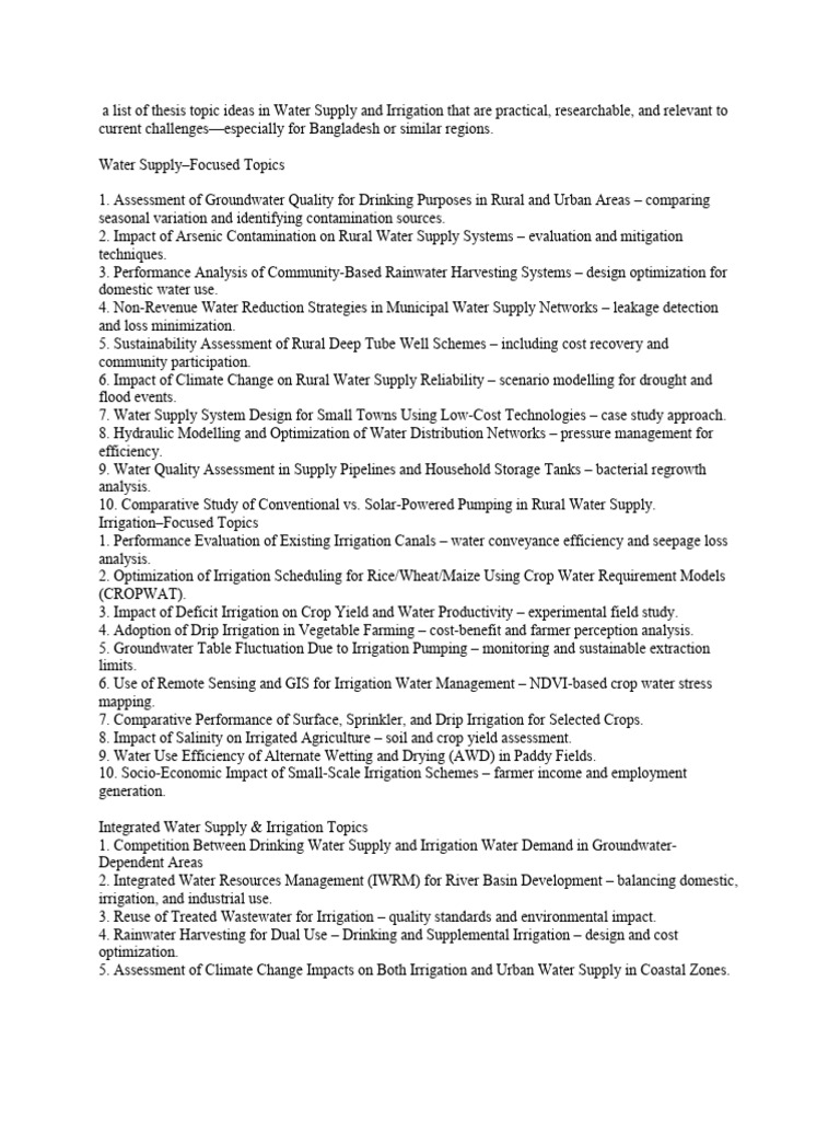 Feasible Thesis Topics in Water Management | PDF | Irrigation | Survey ...