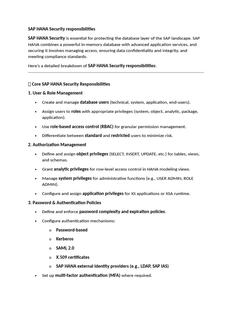 SAP HANA Security Responsibilities | PDF | Databases | Access Control