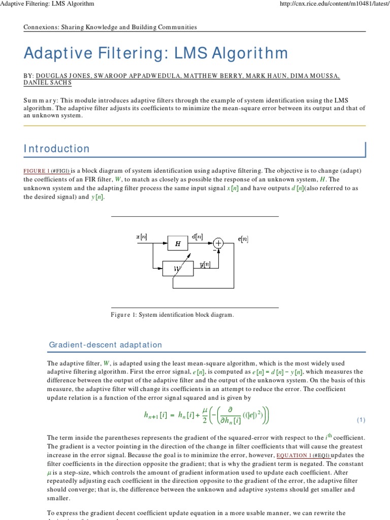 Adaptive Filtering Lms Algorithm Pdf Digital Signal Processing