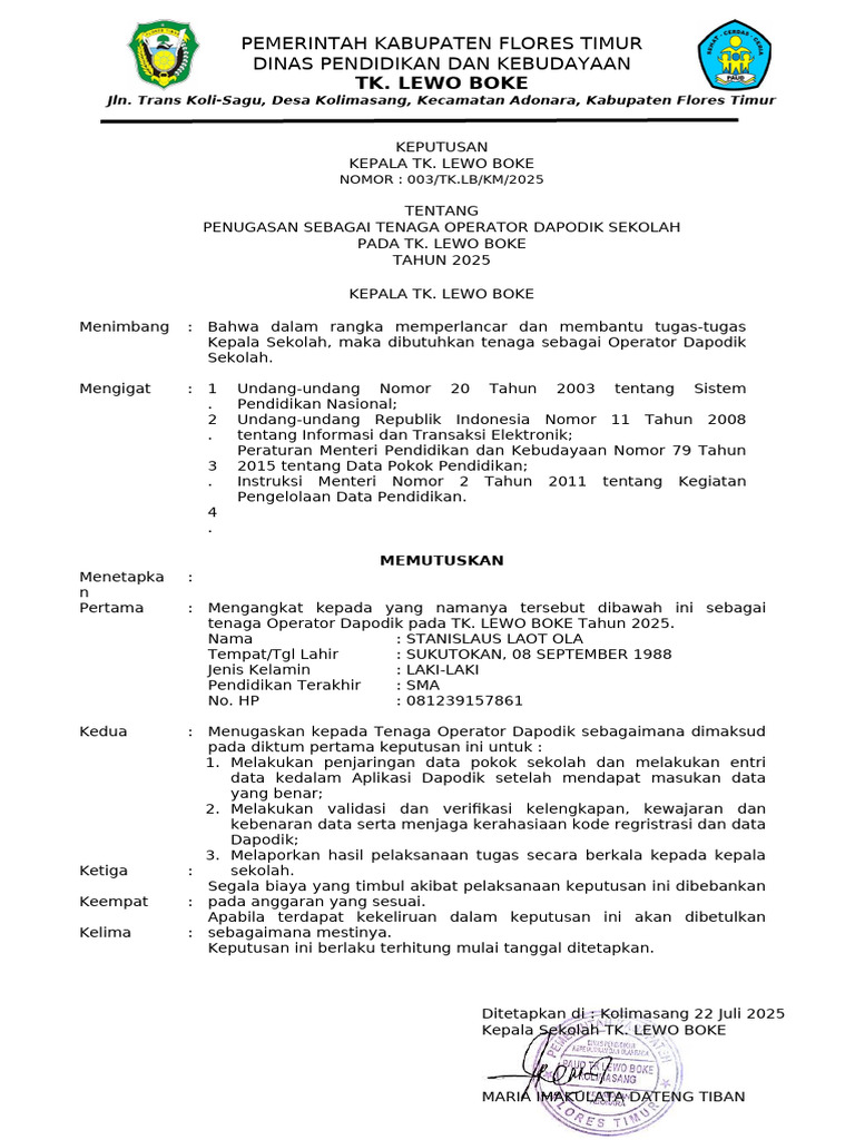 Penugasan Operator Dapodik 2025 | PDF