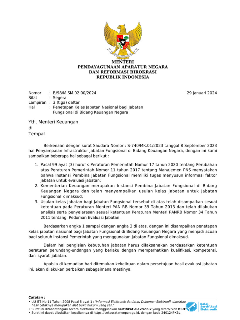 Surat Penetapan Kelas Jabatan JF KN | PDF