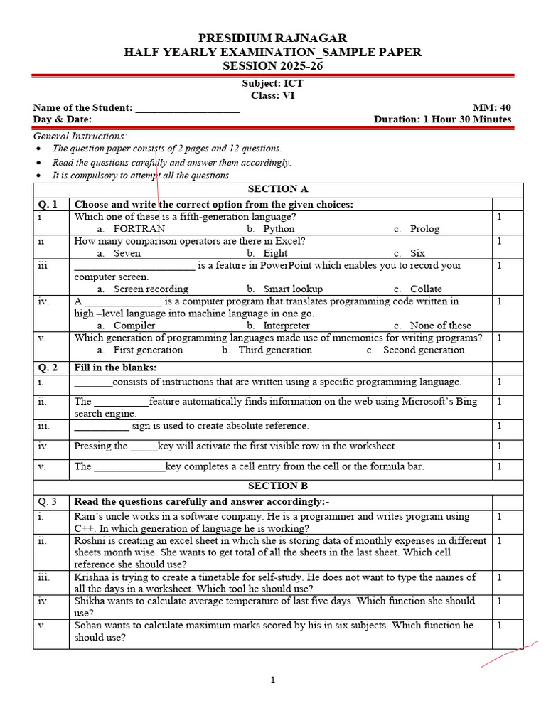 Class 6 ICT Half Yearly Exam Paper 2025 | PDF | Computer Programming ...