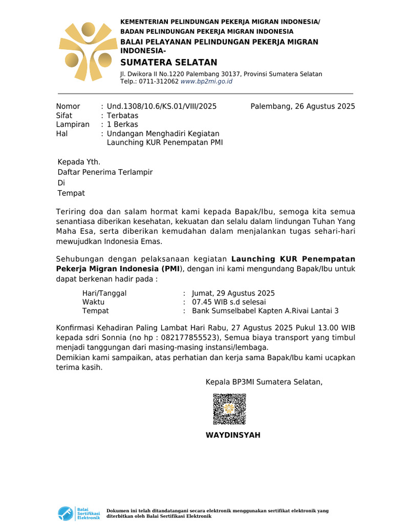 Undangan Launching KUR PMI Sumsel | PDF