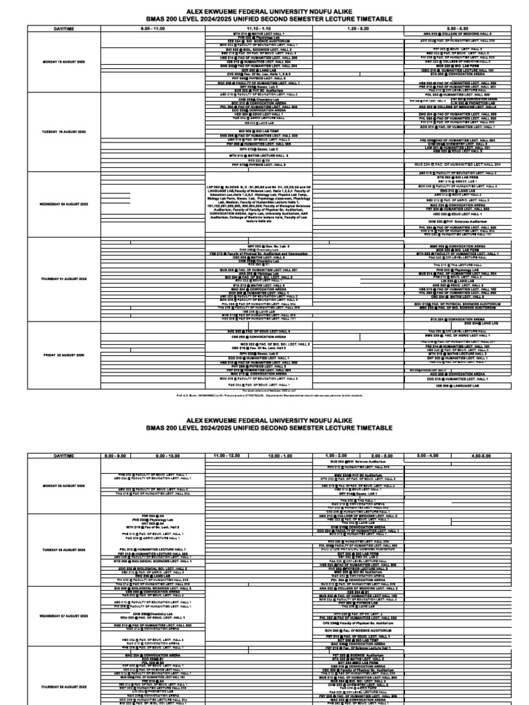 Bmas Unified 200l 2024 2025 Second Semester Lecture Time Table (1) | PDF