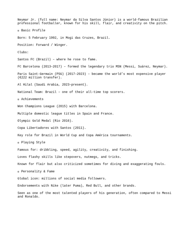 Neymar Jr.: Profile and Achievements | PDF