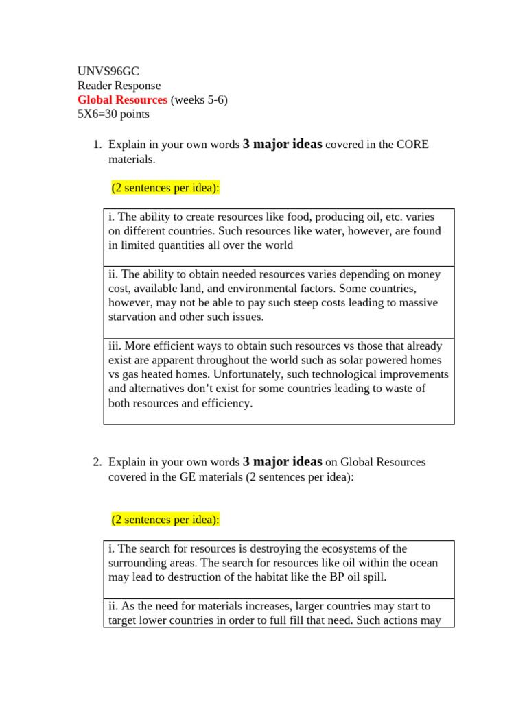 Alex Wong's Reader Response#2 Global Resources | PDF | Water | Resource