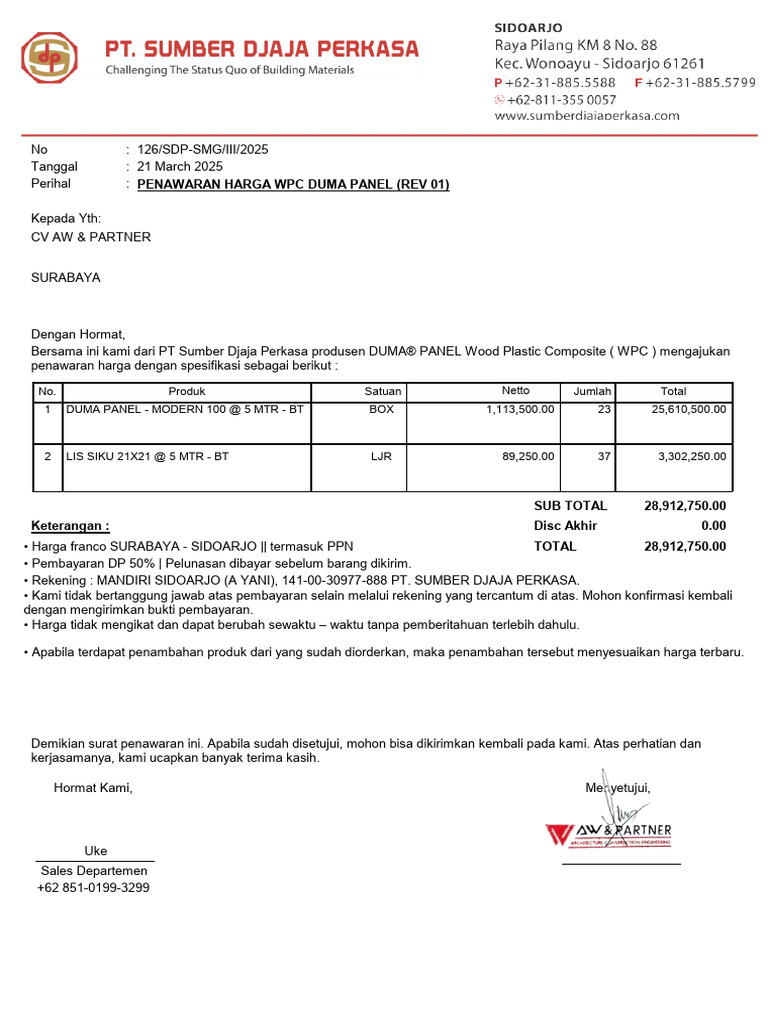 2025.03-126sdp-Smgiii2025 - Cv Aw & Partner - Penawaran Harga Wpc Duma Panel (Rev.01) | PDF