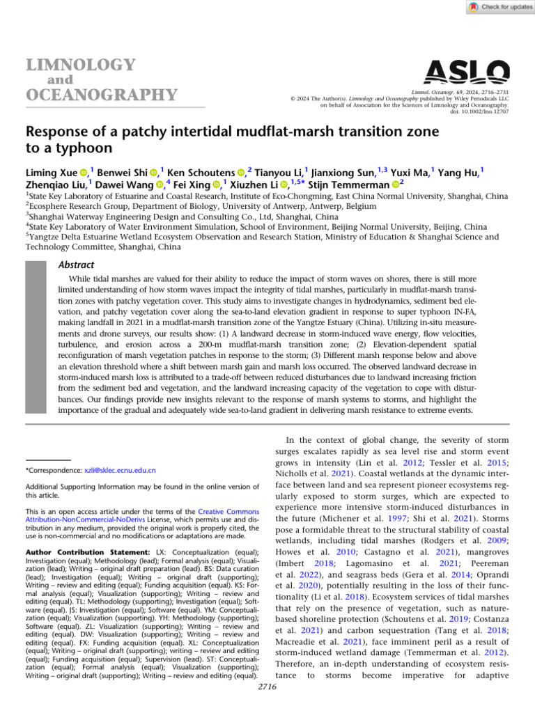 Limnology Oceanography - 2024 - Xue - Response of A Patchy Intertidal ...