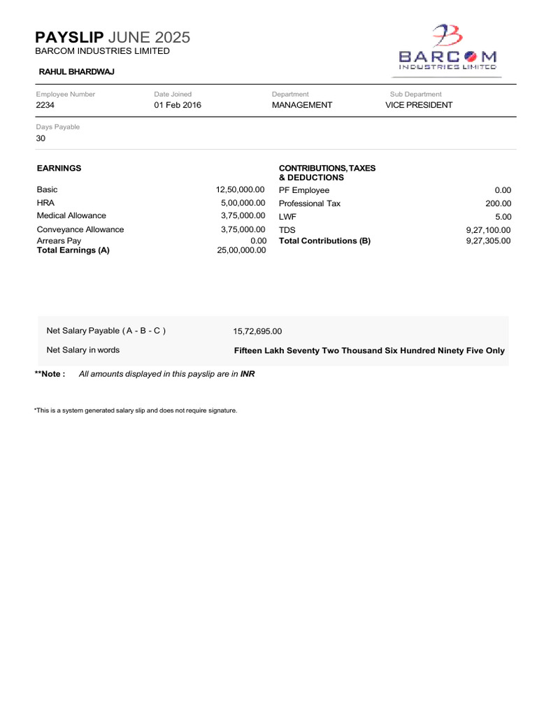 Rahul Bhardwaj Payslip Jun-25 | PDF