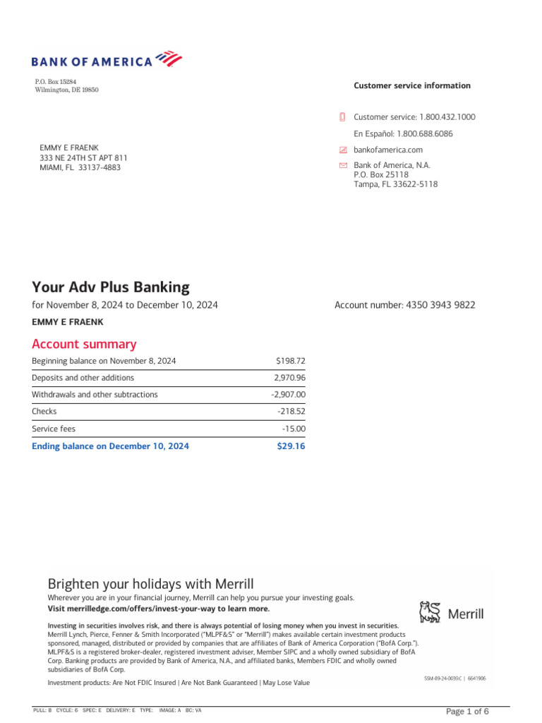 Bank of America Statement-1 | PDF | Banks | Bank Of America