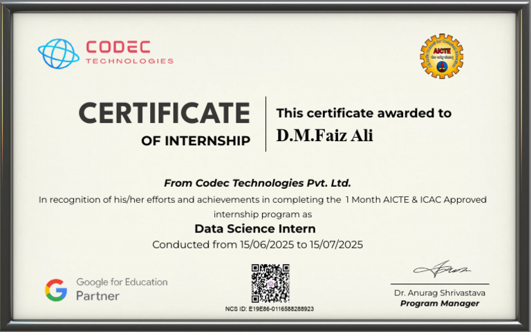 Data Science Internship Certificate | PDF