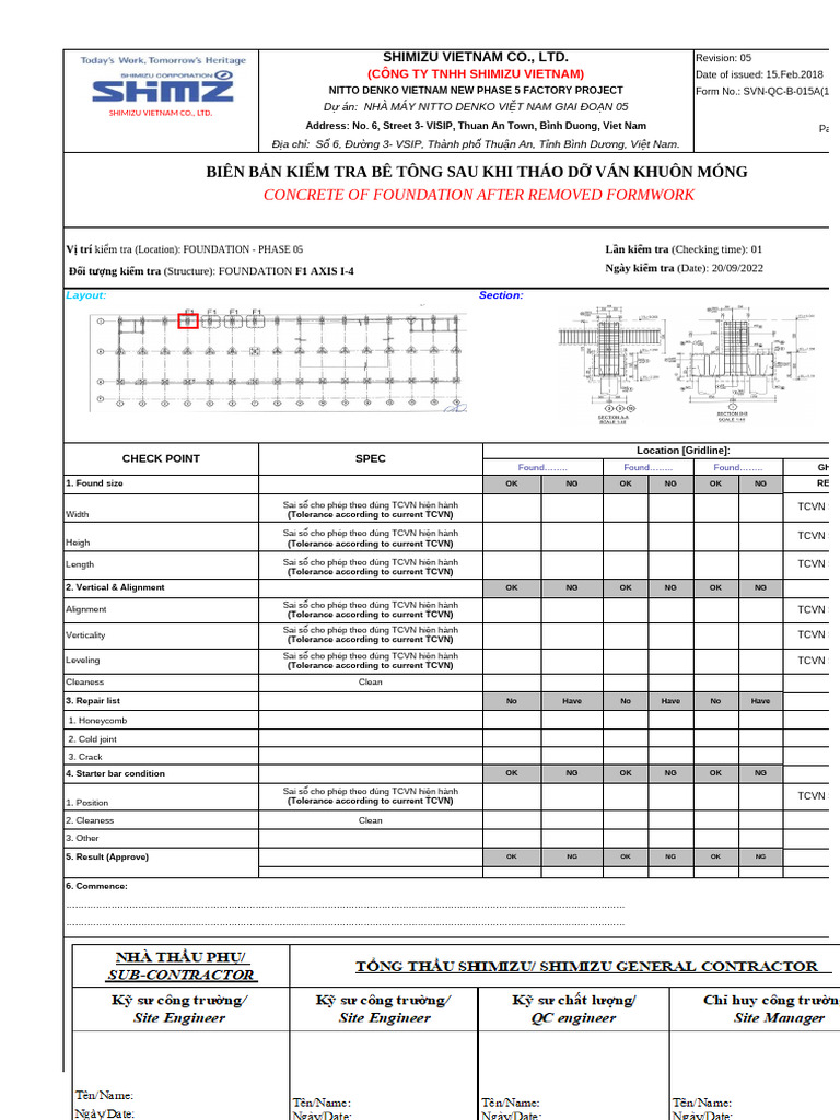 Checksheet After Remove Formwork TC Foundation F1 Axis I-4 | PDF