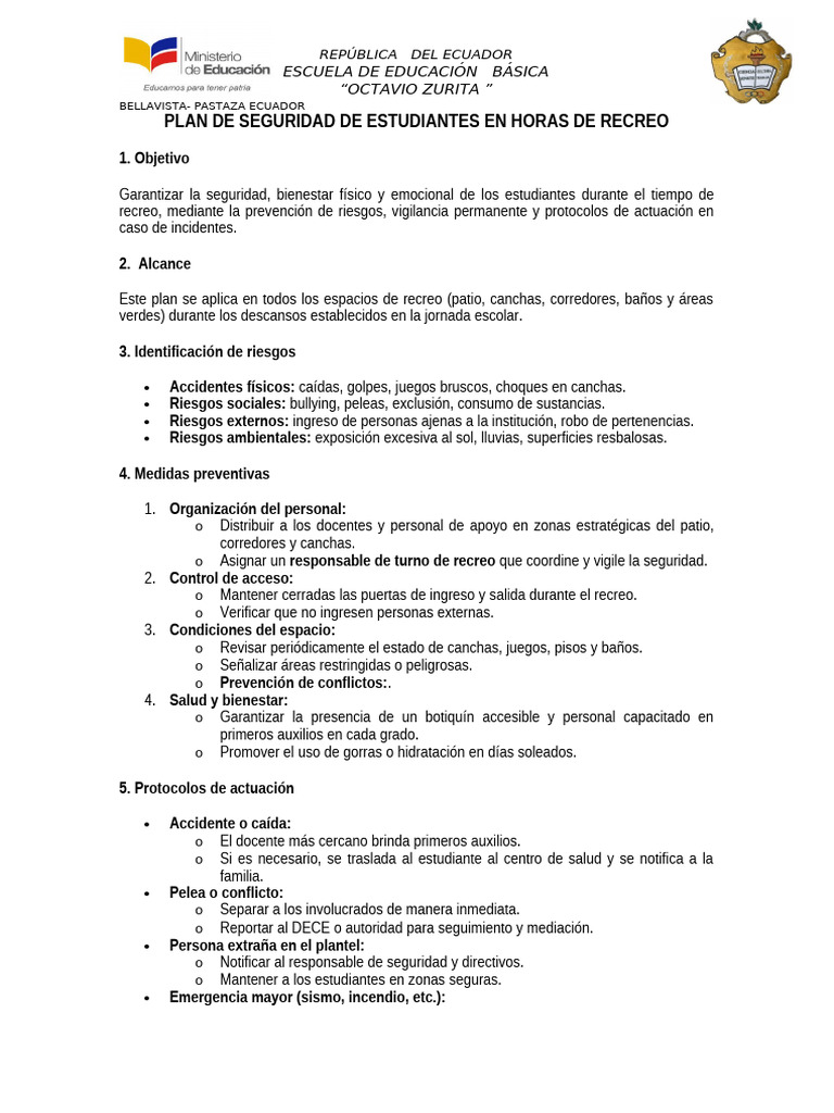 Plan de Seguridad Estudiantil en Recreo | PDF