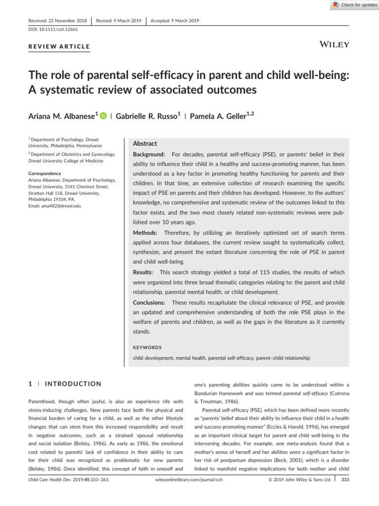 Child - 2019 - Albanese - The Role of Parental Self Efficacy in Parent and Child Well Being A ...