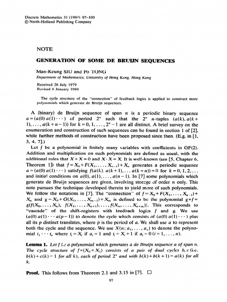 Generation of Some de Bruijn Sequences | PDF | Sequence | Polynomial