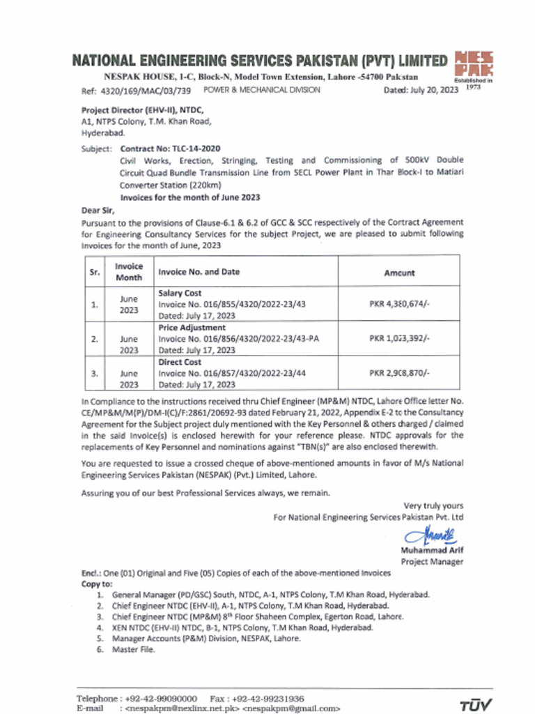 Nespak Invoice for the Month of June-2023 | PDF