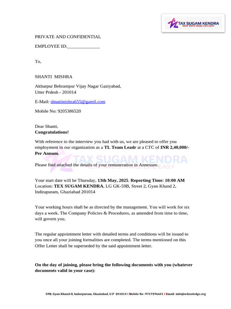 Job Offer Letter for TL Team Leader | PDF | Employment