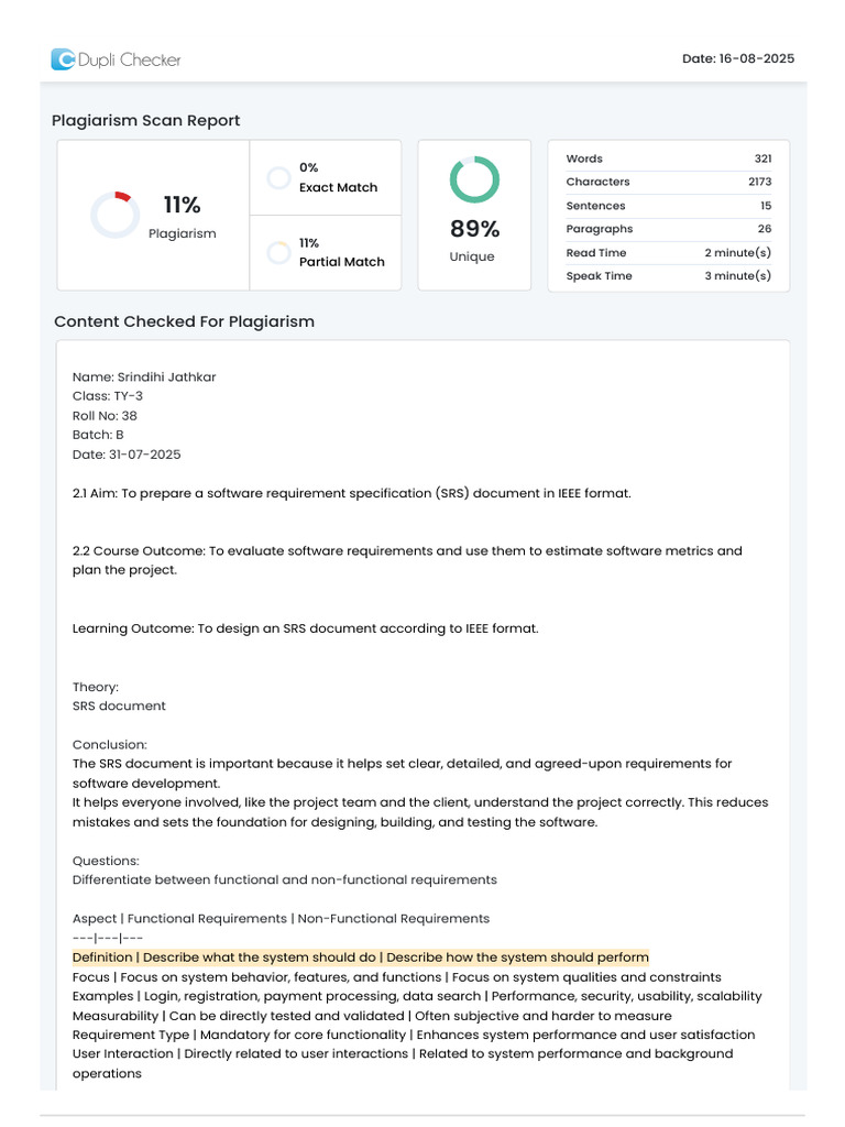 Plagiarism Scan Report for SRS Document | PDF | Usability | Systems Engineering