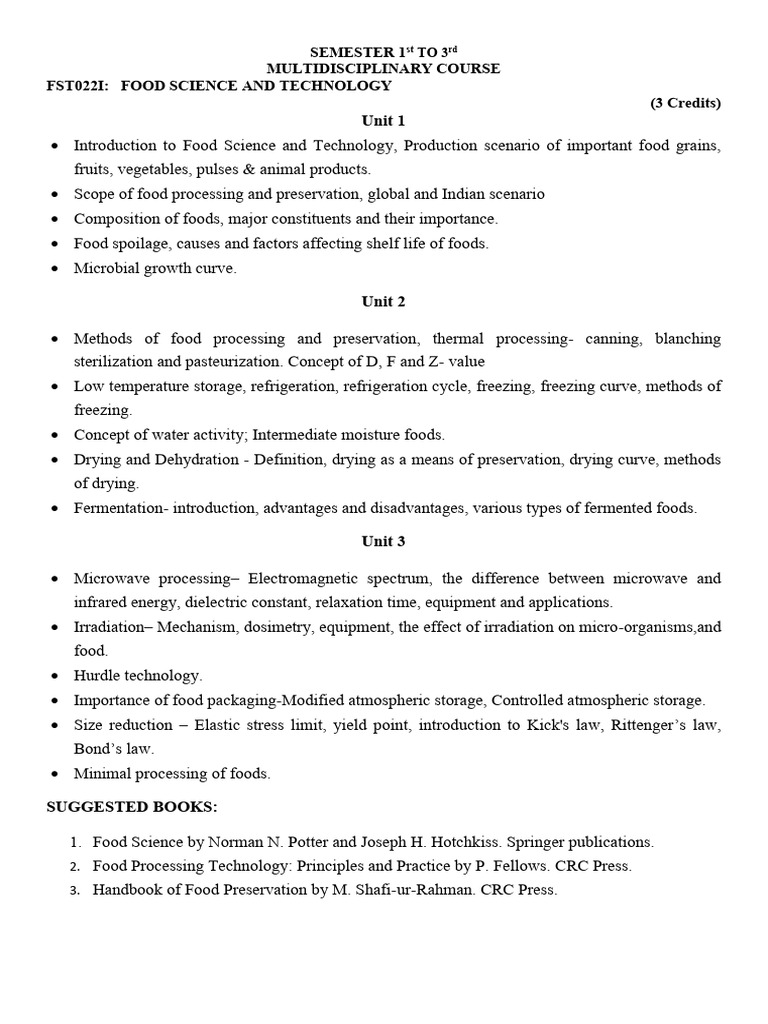 Unit 1: Semester 1 Multidisciplinary Course Fst022I: Food Science and ...
