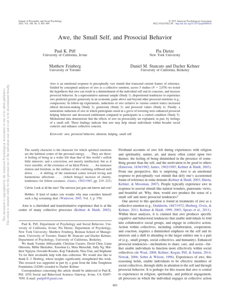 Awe, The Small Self, and Proso | PDF | Emotions | Psychology