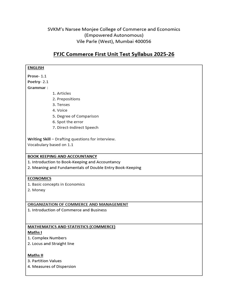 FYJC Commerce First Unit Test Syllabus Cum Time Table 2025-26 | PDF