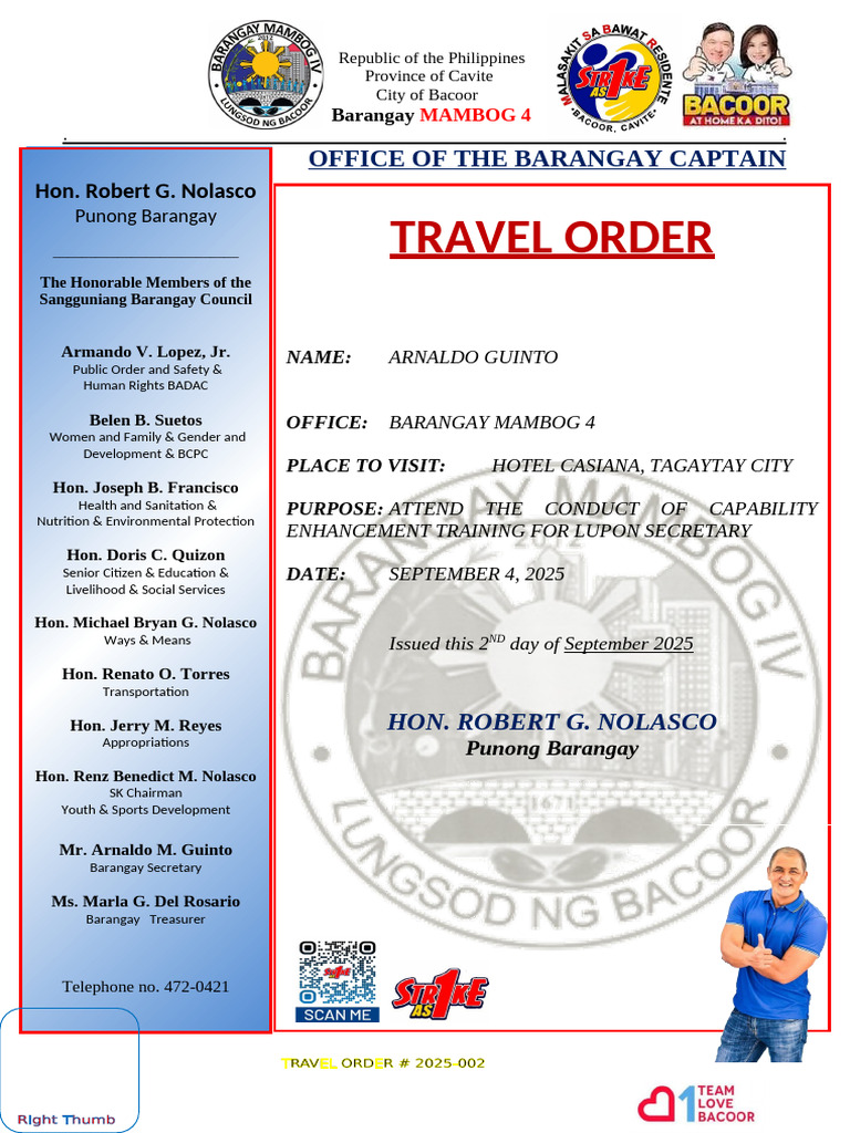 Barangay Travel Order | PDF