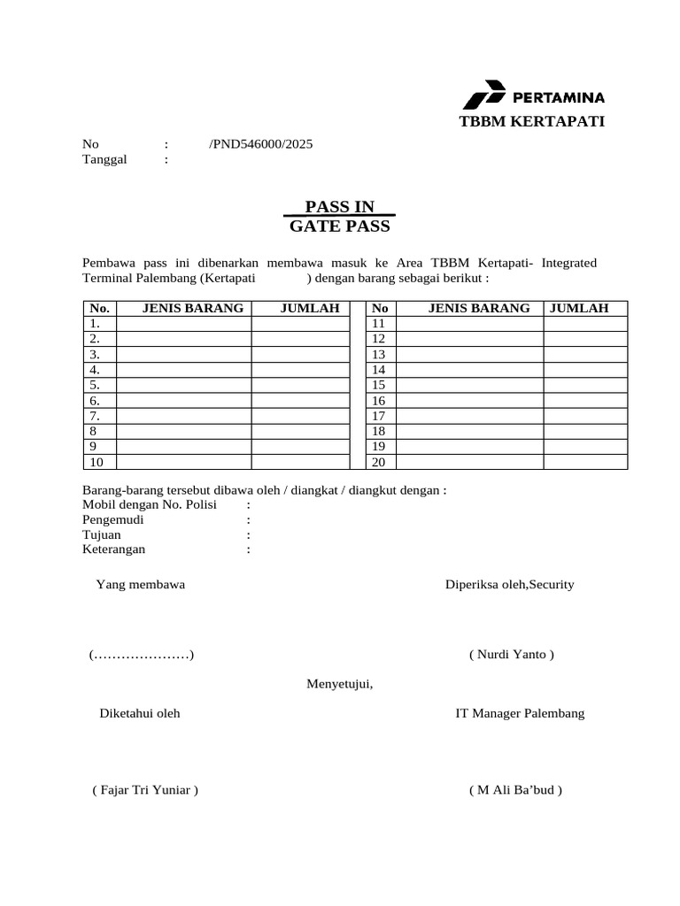 Gate Pass Masuk Depot | PDF
