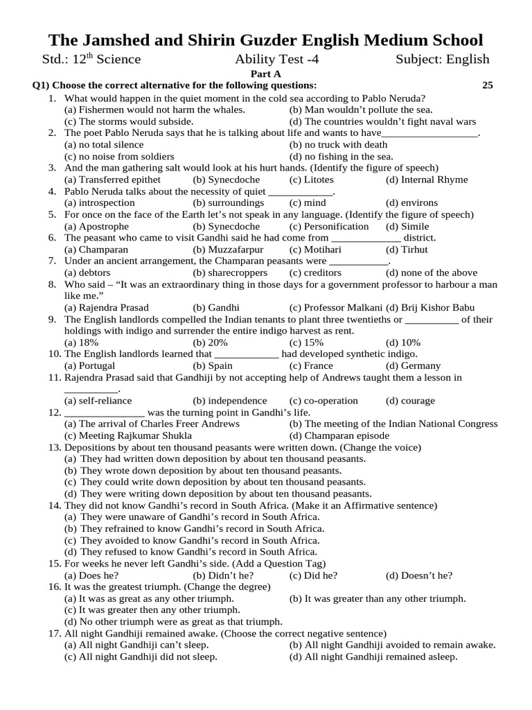 English Ability Test for 12th Science Students | PDF | Mahatma Gandhi
