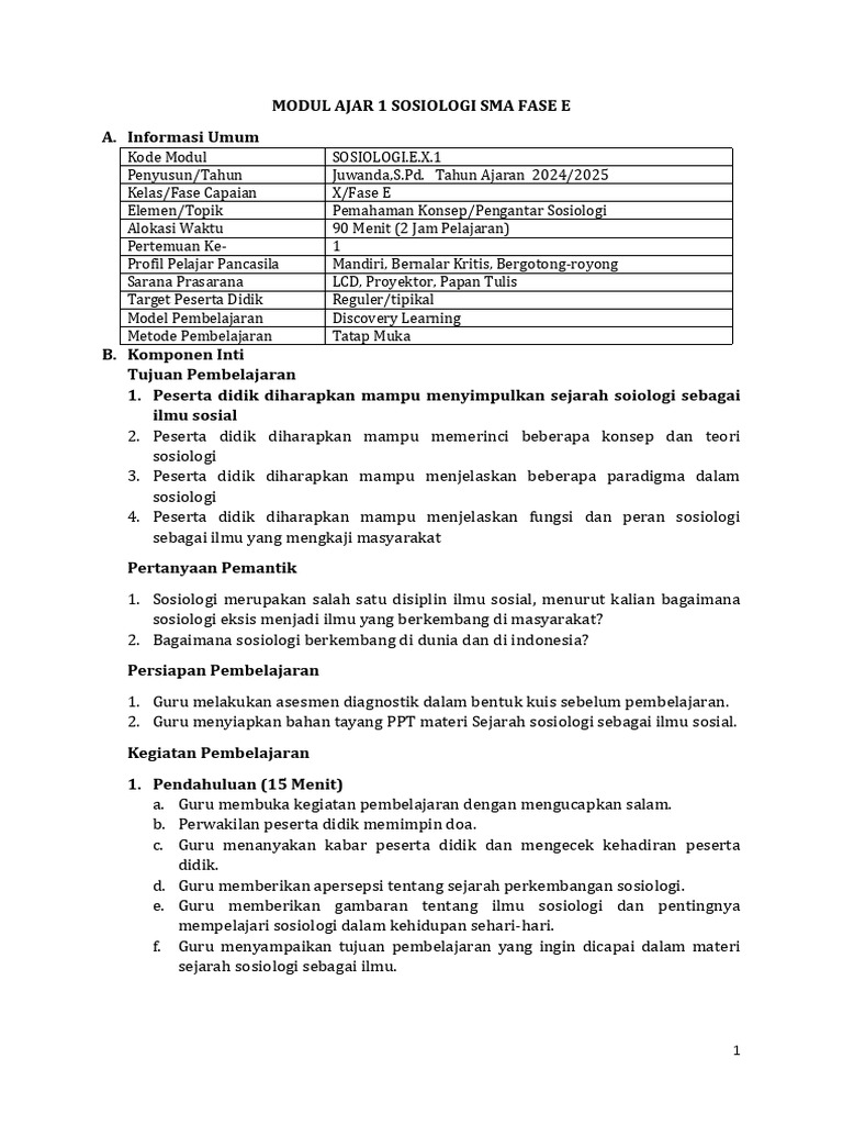 Modul Ajar 1 Sosiologi Sma Fase e - Bab 1 | PDF