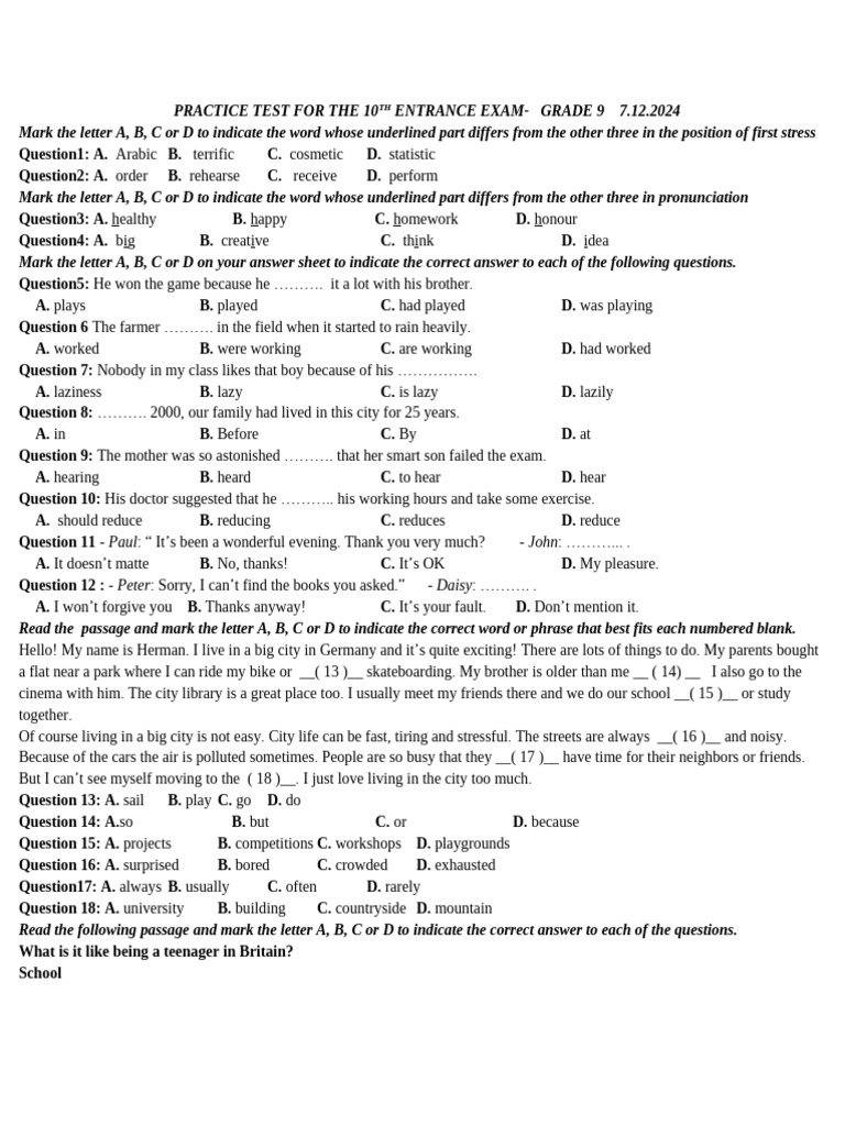 10th Grade Entrance Exam Practice Test | PDF