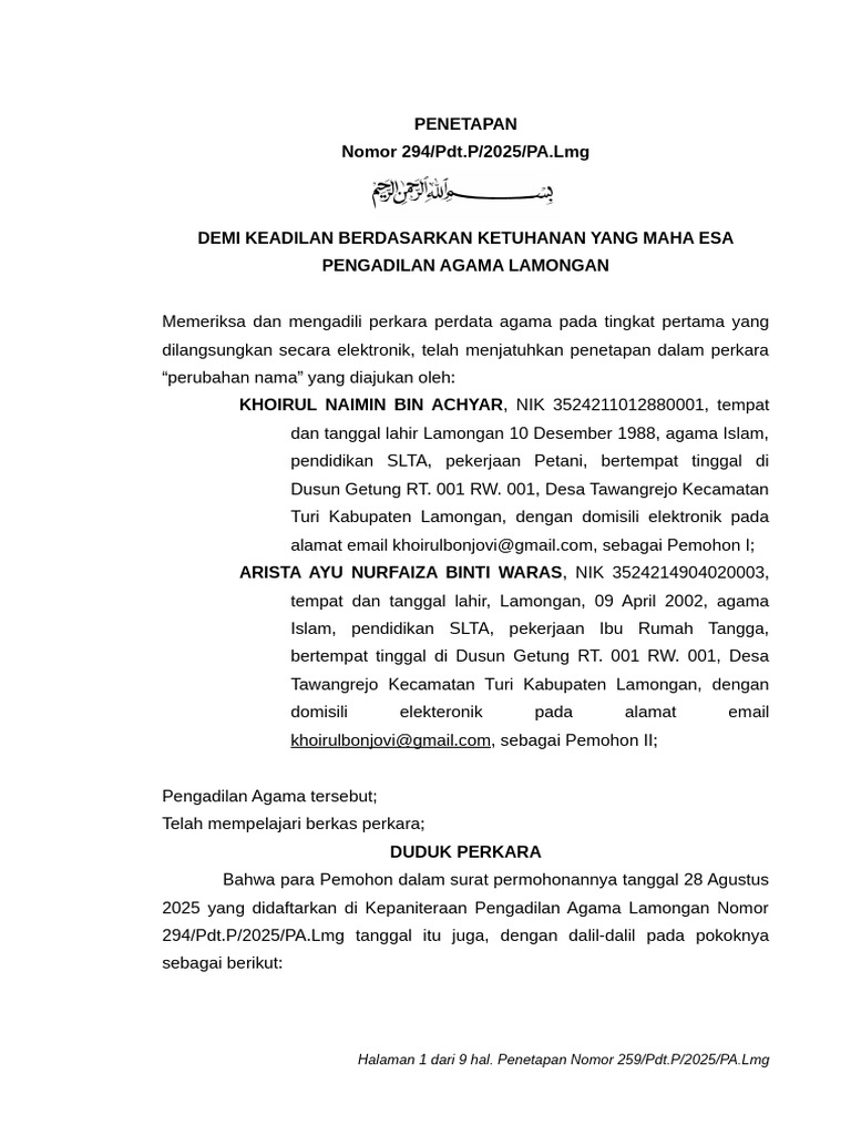 294 - PDT.P - 2025 - PA - LMG - PENETAPAN PERBAIKAN NAMA | PDF