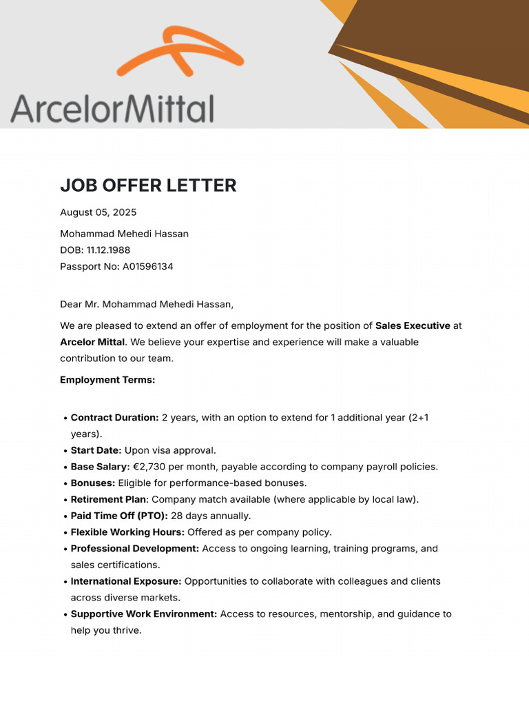 Free Job Offer Letter With Salary Structure Template | PDF