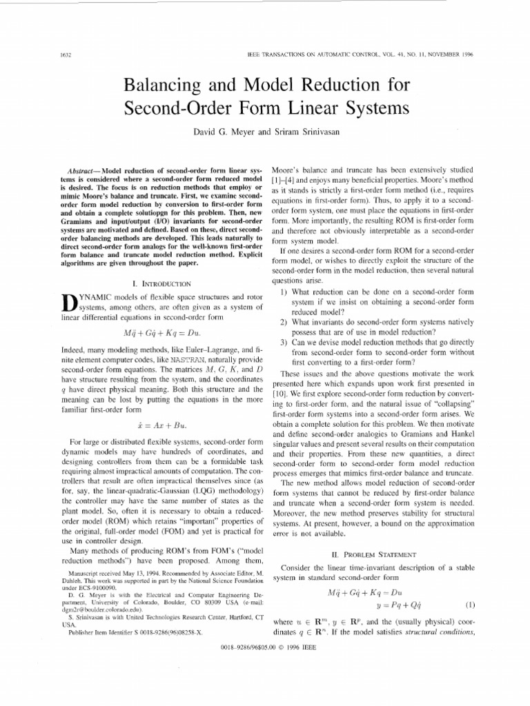 Second-Order Model Reduction Techniques | PDF | Differential Equations ...