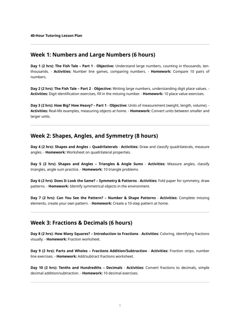 Class 5 Maths Tutoring Plan | PDF | Multiplication | Triangle