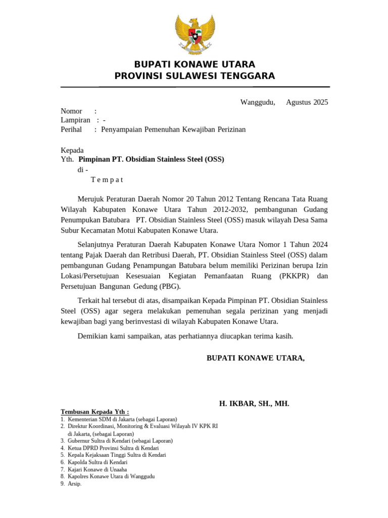 Surat Bupati Ke Pt Oss Fix(1) | PDF