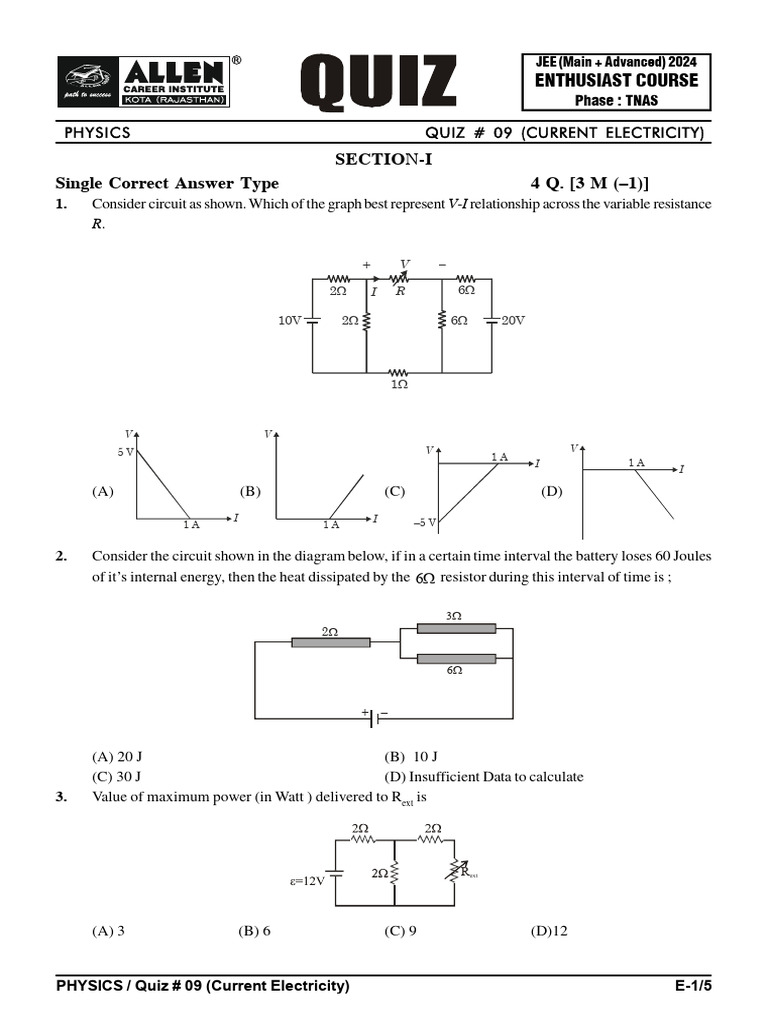 Current Electricity Quiz for JEE 2024 | PDF | Anode | Cathode