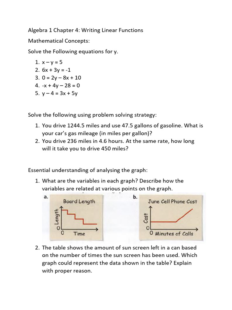 Algebra 1 Chapter 4 Writing Linear Functions Introduction | PDF