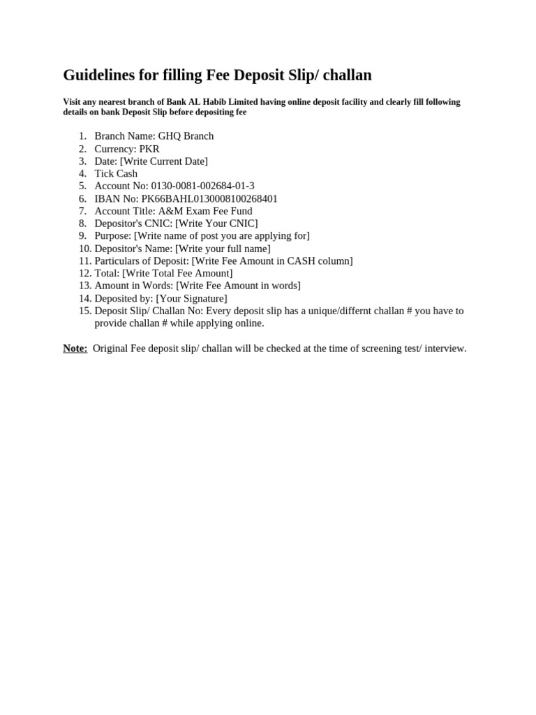 Fee Deposit Slip Filling Guide | PDF