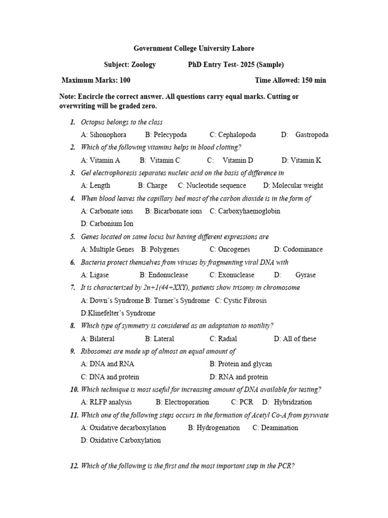 GCU Lahore PhD Zoology Entry Test 2025 | PDF | Dna | Molecular Biology