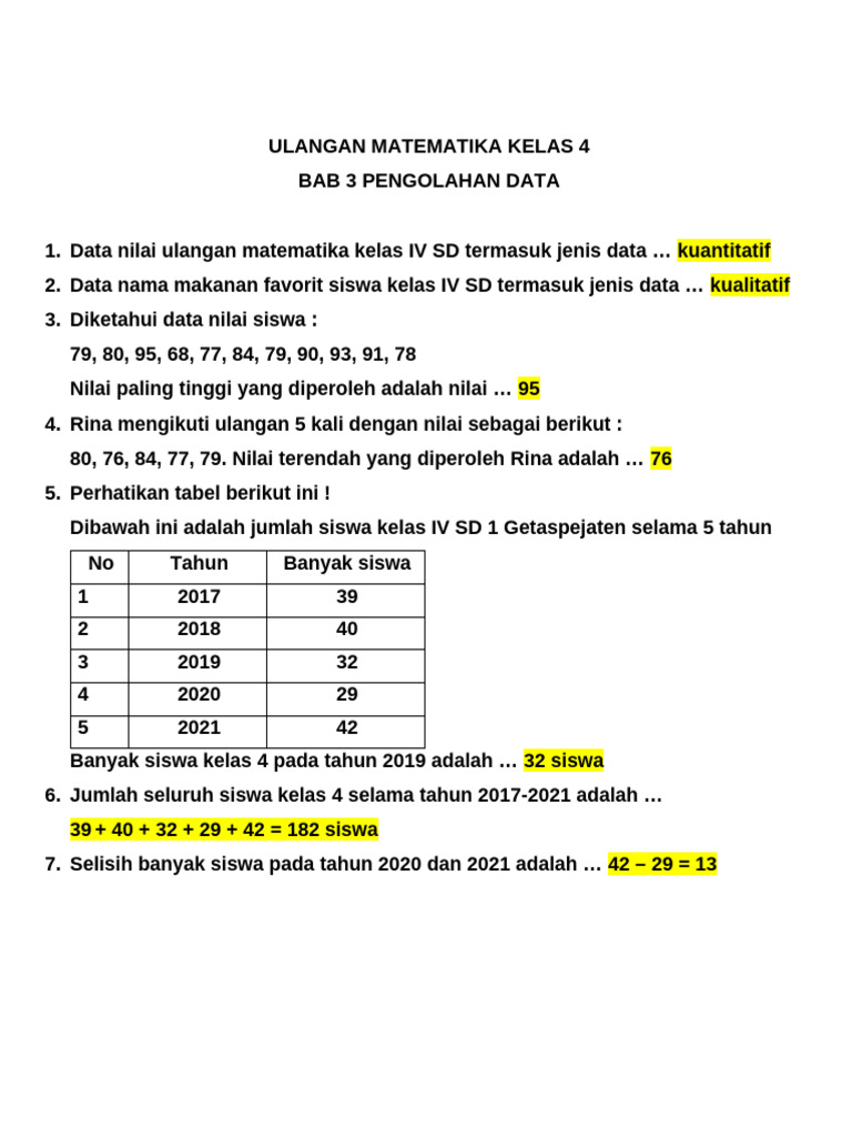Ulangan Matematika Kelas 4: Pengolahan Data | PDF